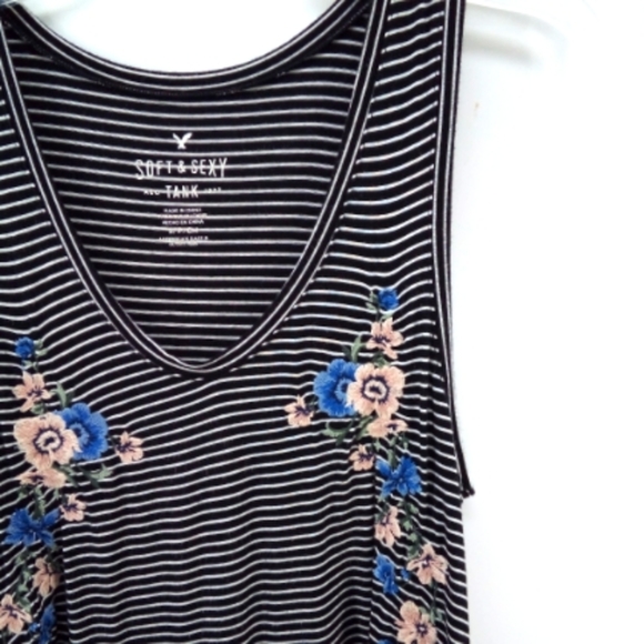 American Eagle Outfitters | Tops | 33 Aeo Soft Sexy Tank Black White Striped Floral Embroidery ...